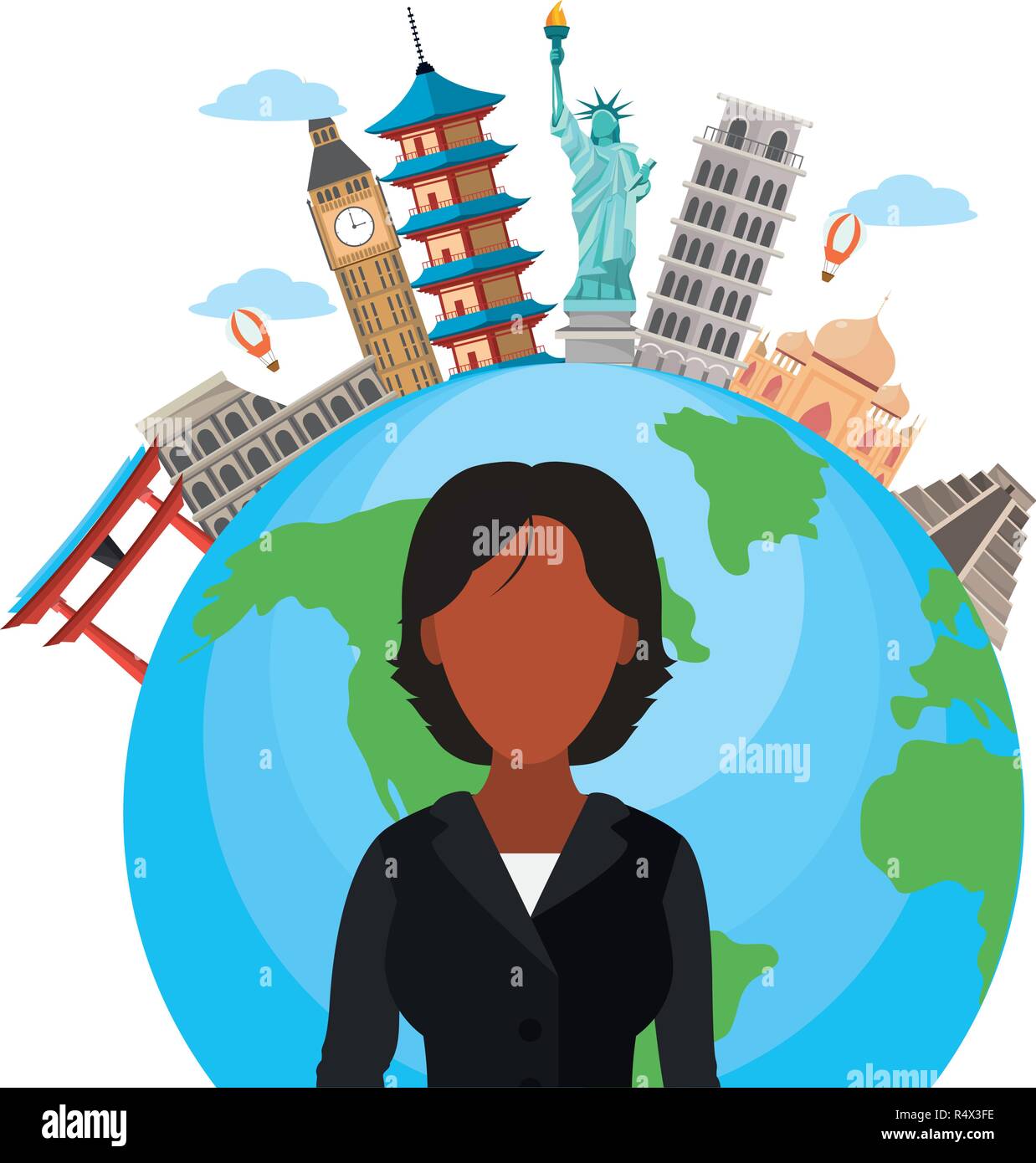 News Journalistin Frau Präsentation vor Weltkarte Touristen Orte ...