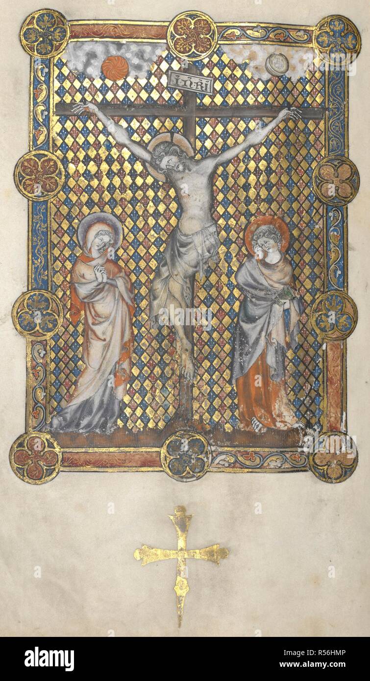 Miniatur der Kreuzigung mit Sonne und Mond Overhead und die Jungfrau Maria und Johannes der ...