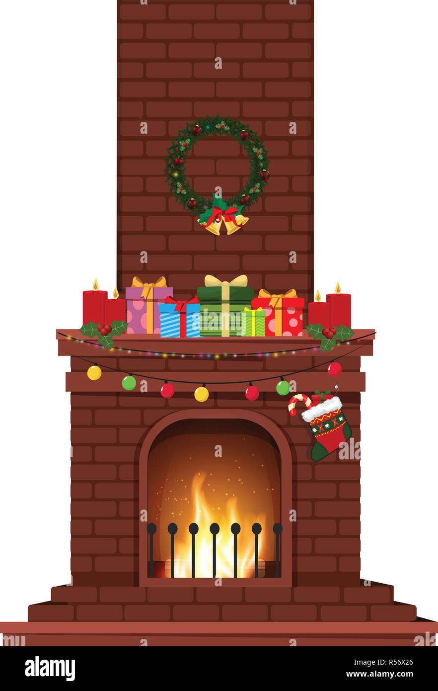 Cartoon dekoriert brennenden Kamin mit viele Geschenke, Kranz und ...