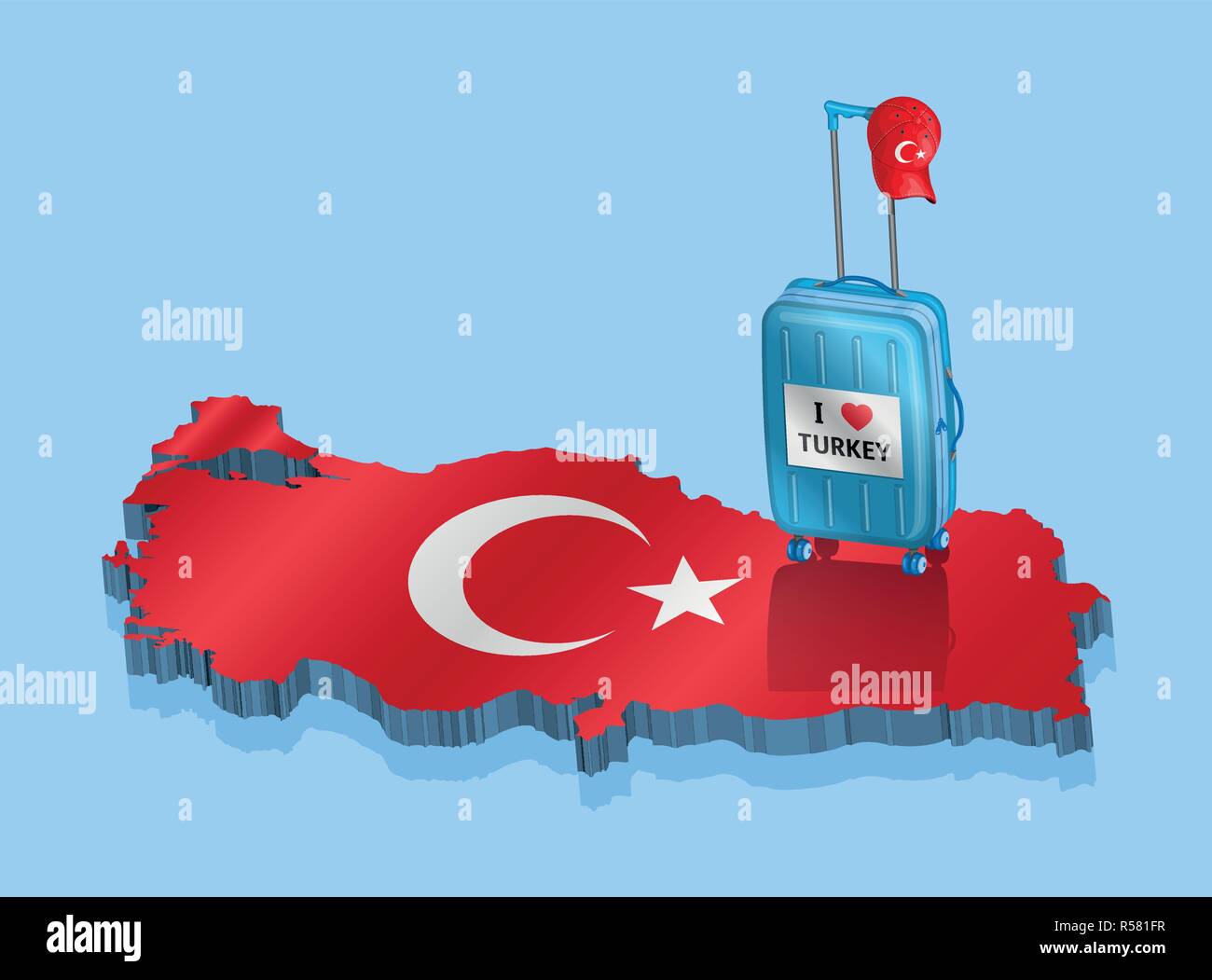 Türkischer hut mit touristischen Gepäck und 3D-Karte wie eine Fahne für ... Türkischer hut mit touristischen Gepäck und 3D-Karte wie eine Fahne für ...