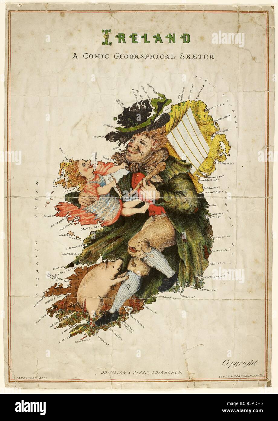 Cartoon Karte von Irland als einen Mann mit einem Kind. Irland, ein ...