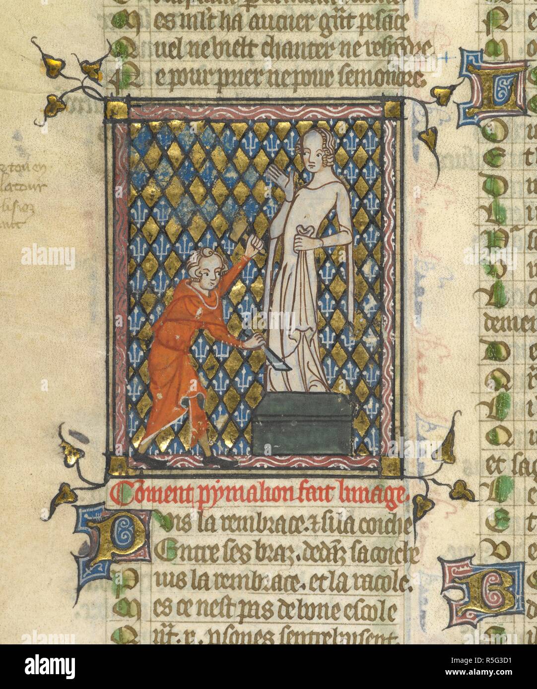 Detail einer Miniatur von Pygmalion vor der Statue. Le roman de la Rose ...