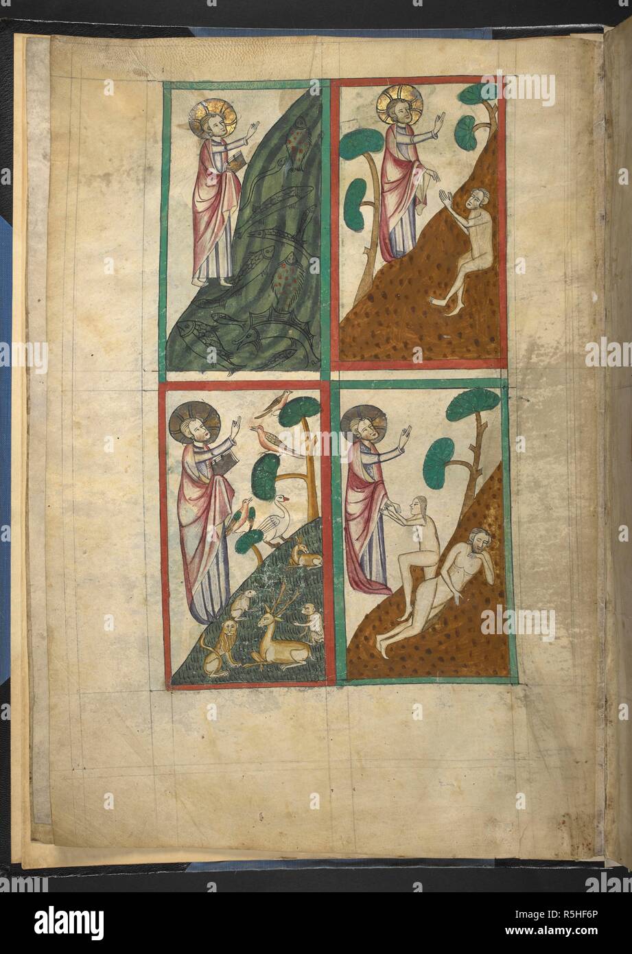 Miniatur von vier Szenen der Schöpfung: 1. Gott Erstellen der Fische; 2 ...