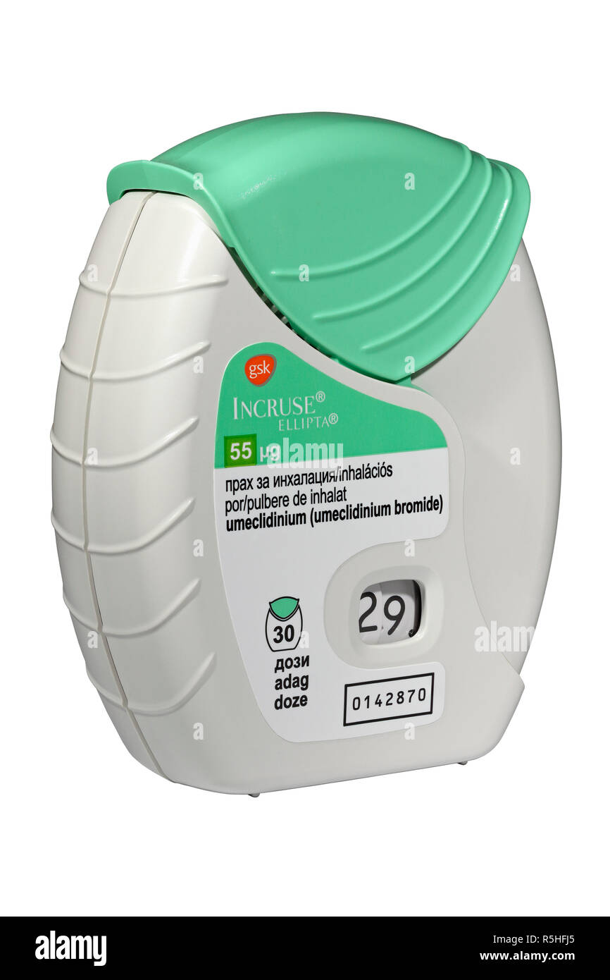 Incruse Ellipta Umeclidinium Dry Powder Inhaler isoliert auf weißem ...