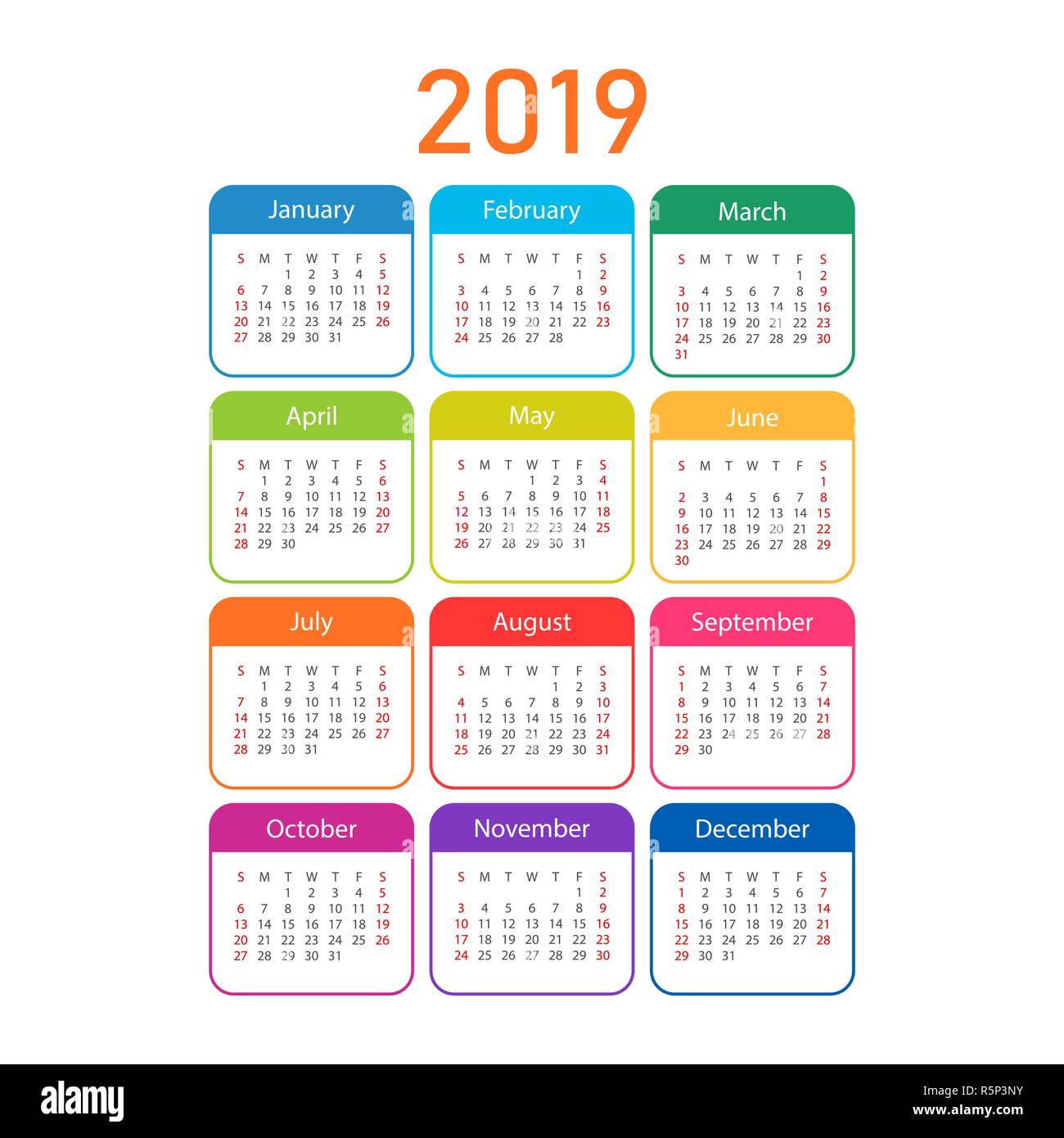 Kalender 2019 Jahr in einem einfachen Stil. Kalender Planer design ...