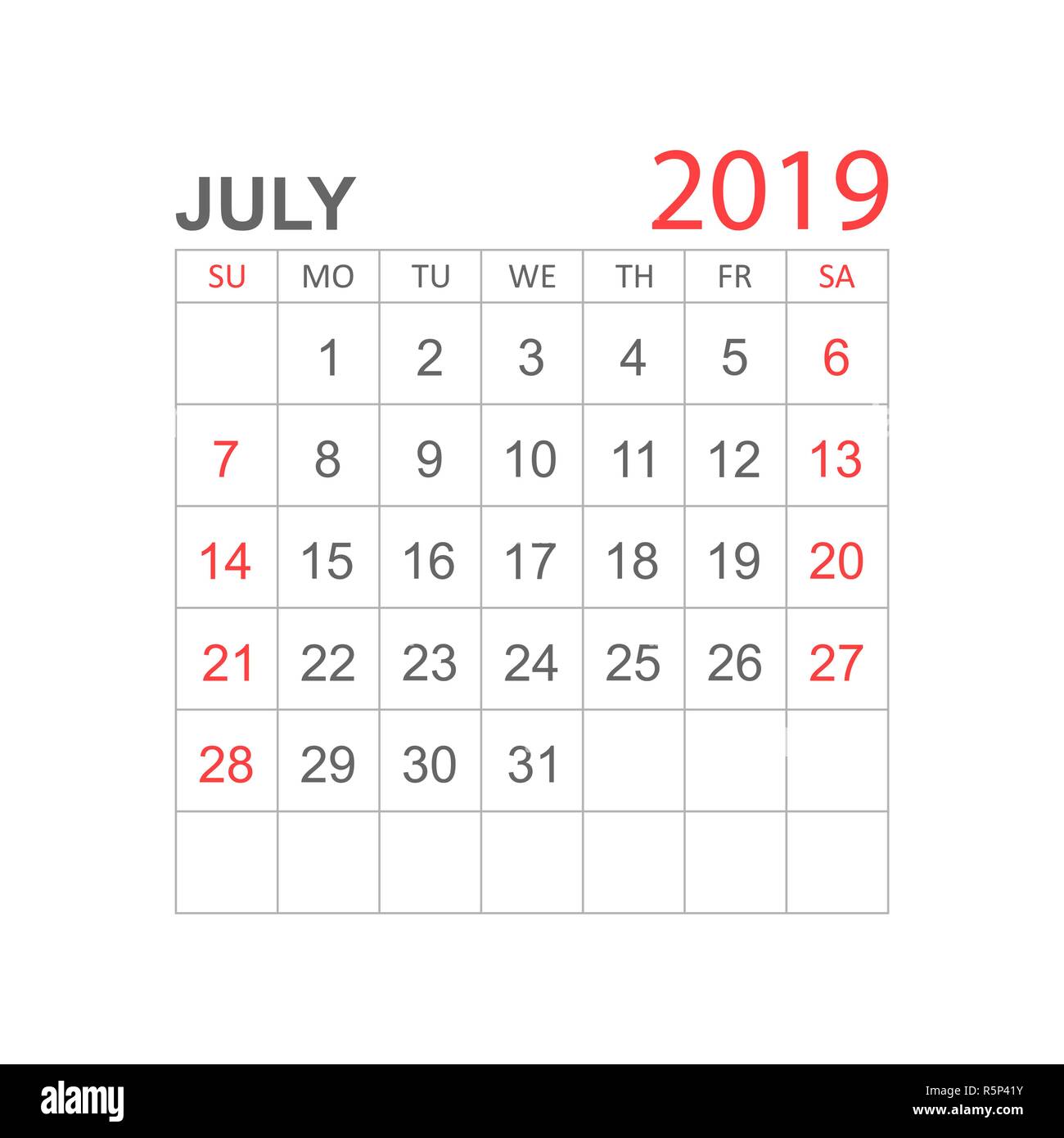 Kalender Juli 2019 Jahr in einem einfachen Stil. Kalender Planer design ...