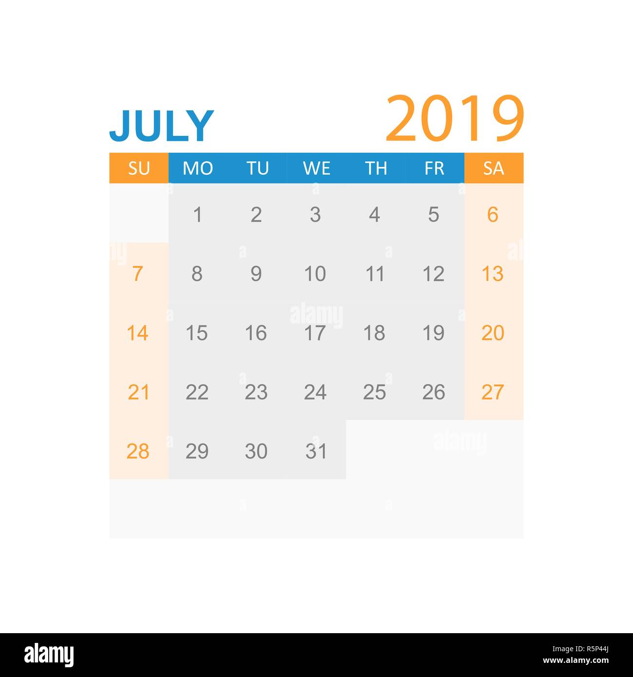 Kalender Juli 2019 Jahr in einem einfachen Stil. Kalender Planer design ...