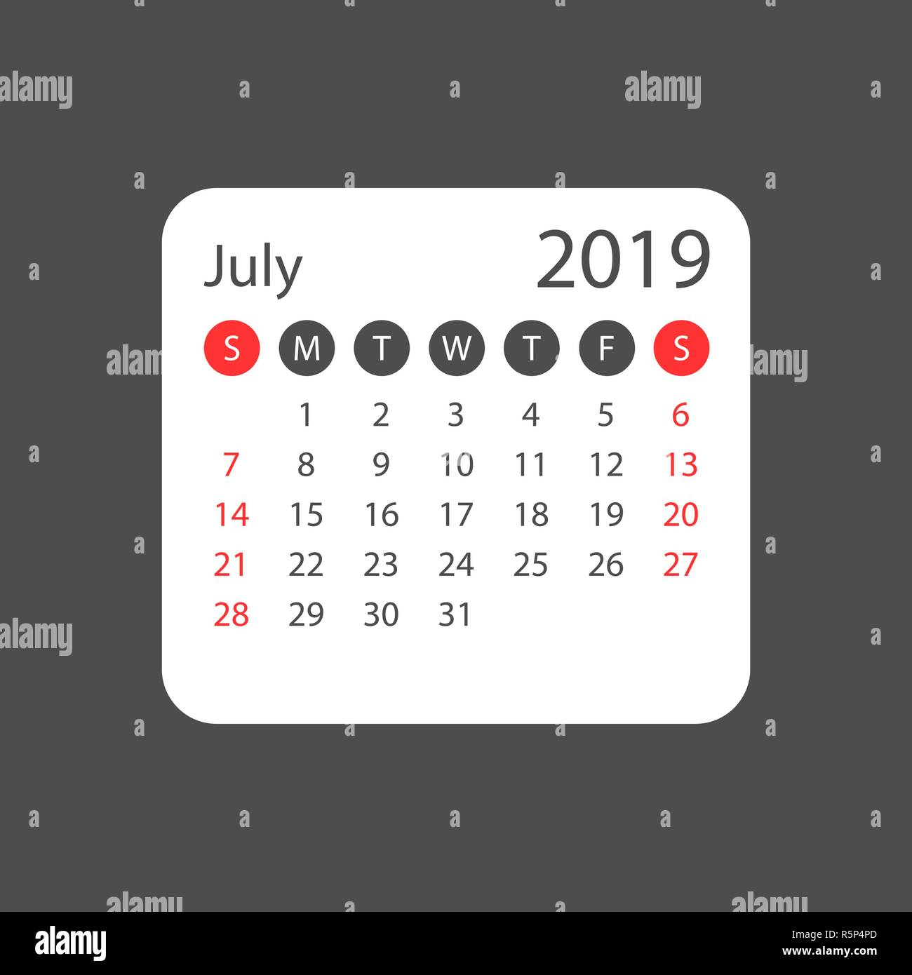 Kalender Juli 2019 Jahr in einem einfachen Stil. Kalender Planer design ...