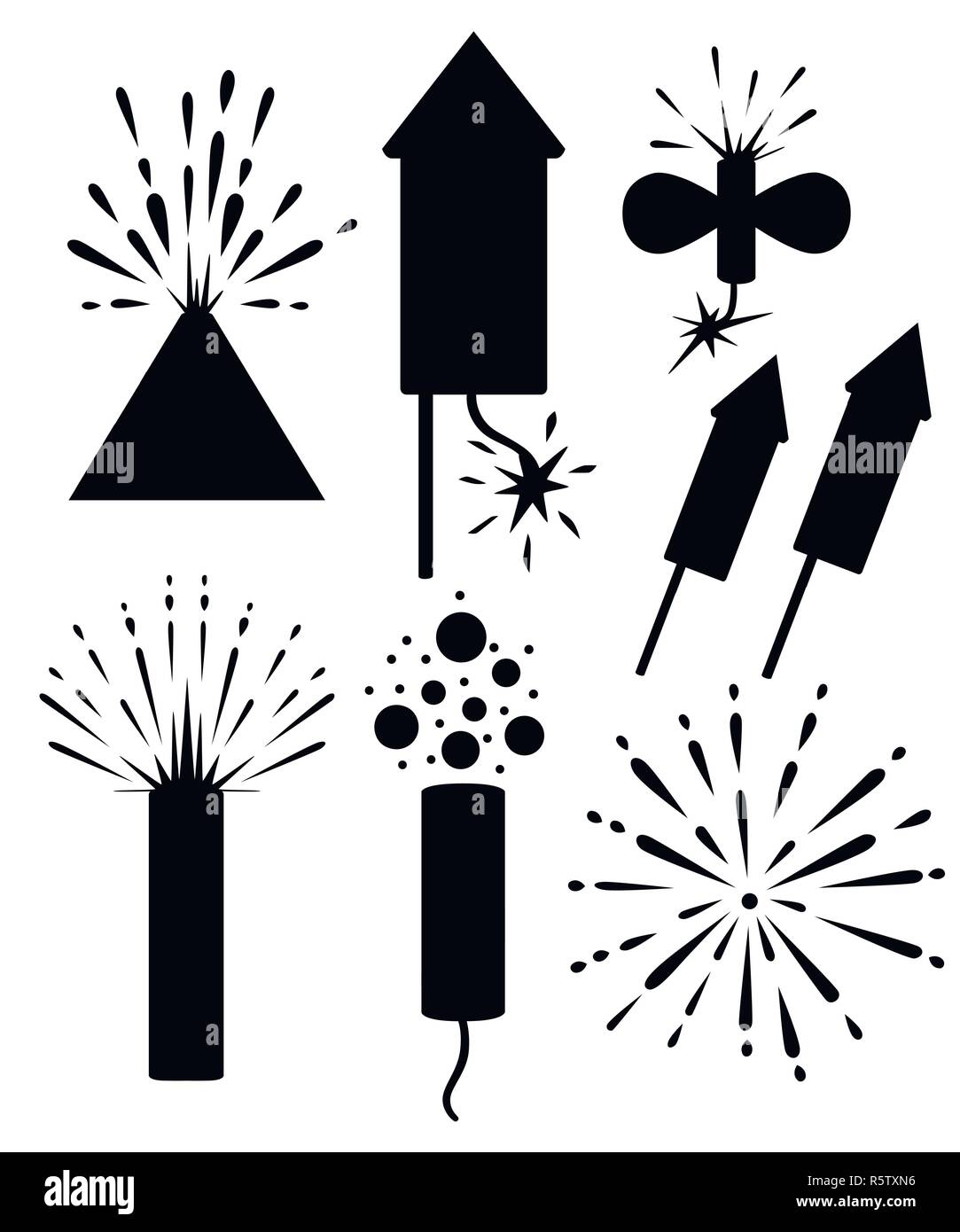 Schwarze Silhouette. Sammlung von feuerwerkskörper. Pyrotechnische Icon ...