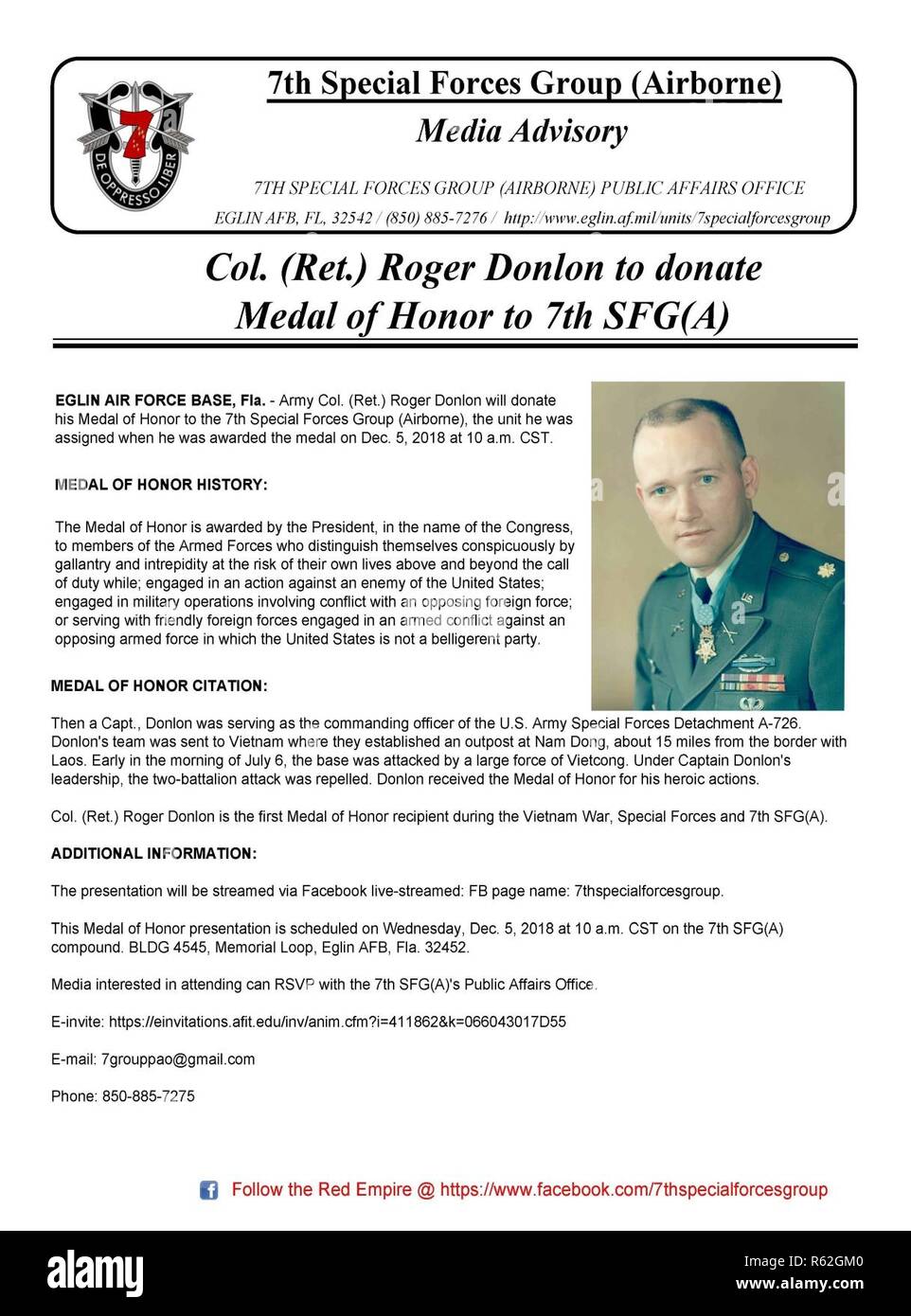 Armee Col (Ret.) Roger Donlon seinen Orden der Ehre die 7 Special ...