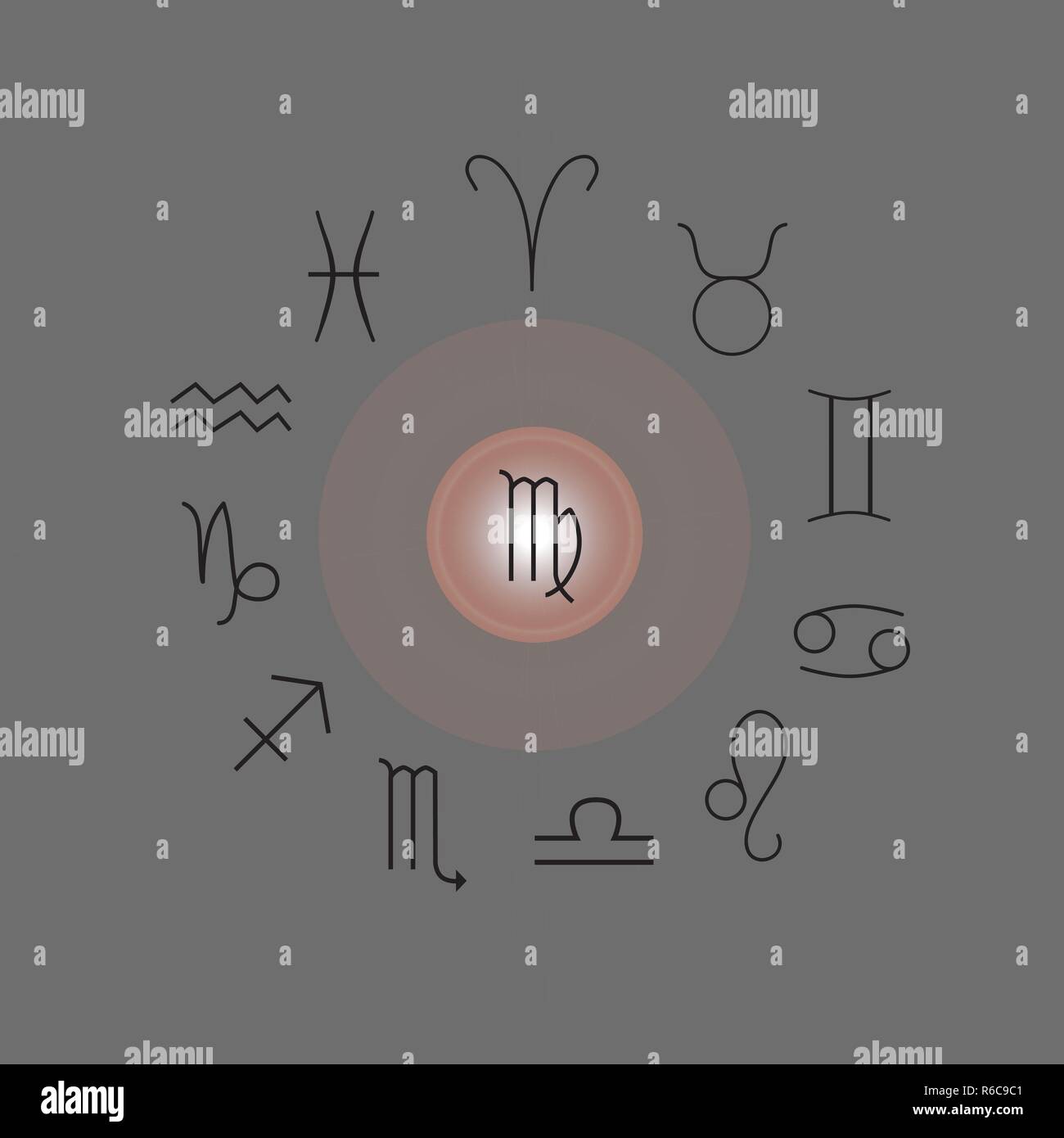 Astrologische Zeichen, Symbole der Tierkreiszeichen, Horoskop, Astrologie und mystischen Zeichen ...