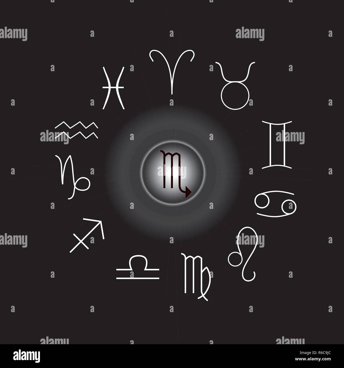 Astrologische Zeichen, Symbole der Tierkreiszeichen, Horoskop, Astrologie und mystischen Zeichen ...