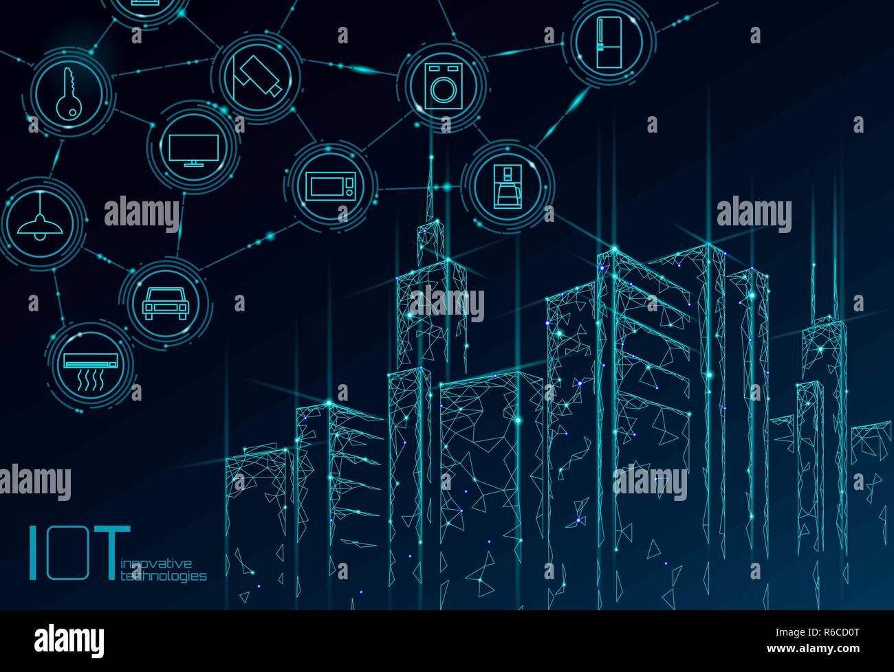 Internet der Dinge Low Poly smart City 3D Drahtgitter. Intelligente Gebäudeautomation IOT ...