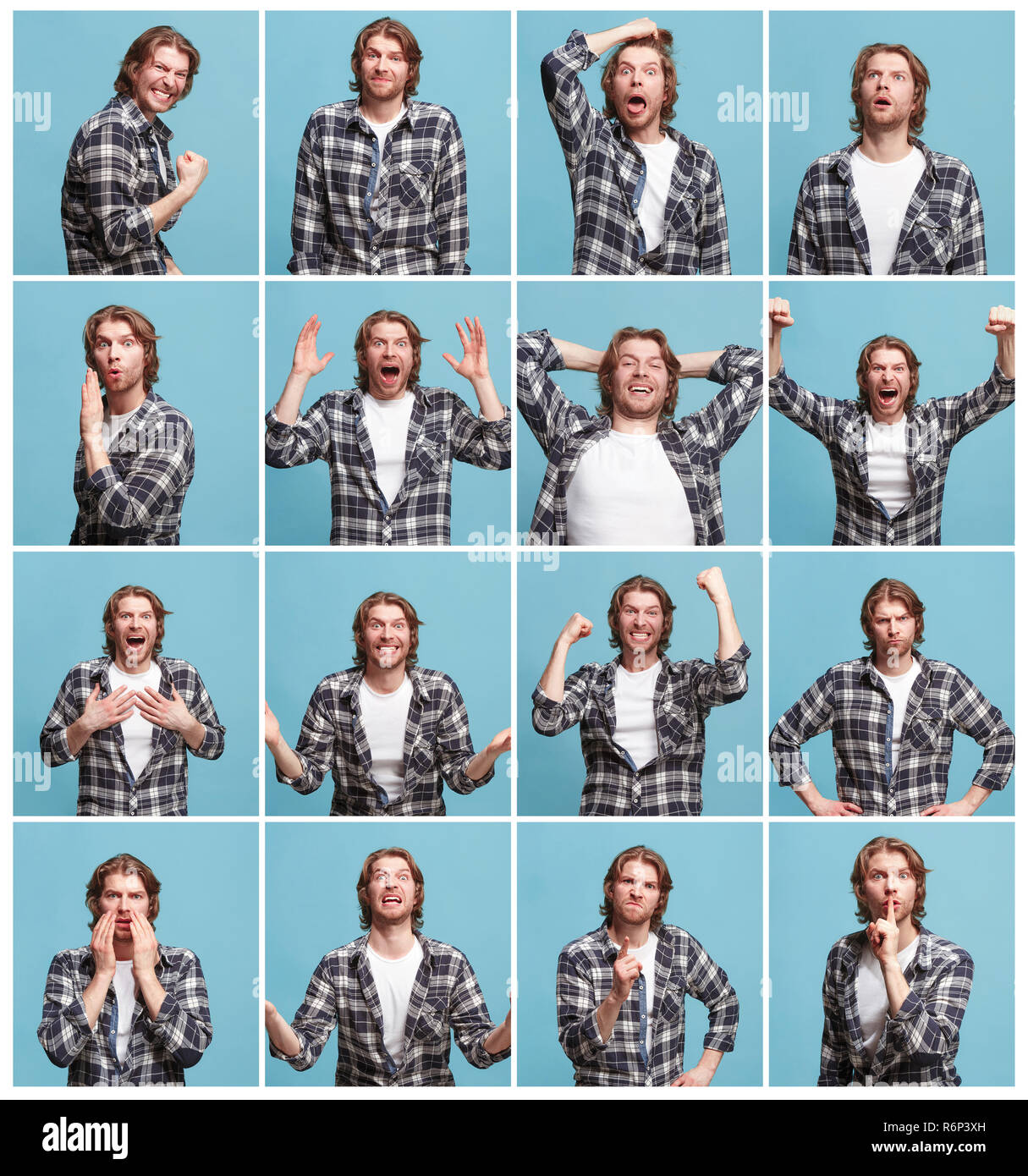 Die Collage verschiedener menschlicher Mimik, Emotionen und Gefühle ...