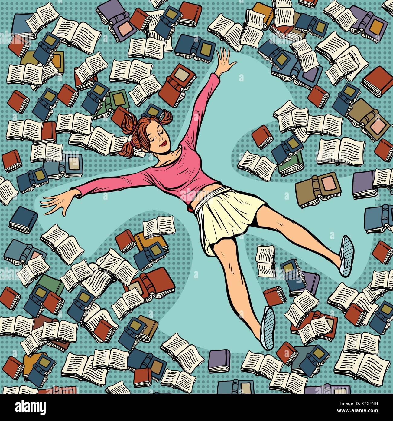 Junge Mädchen einen Schnee Engel in die Bücher. Comic cartoon Pop Art ...