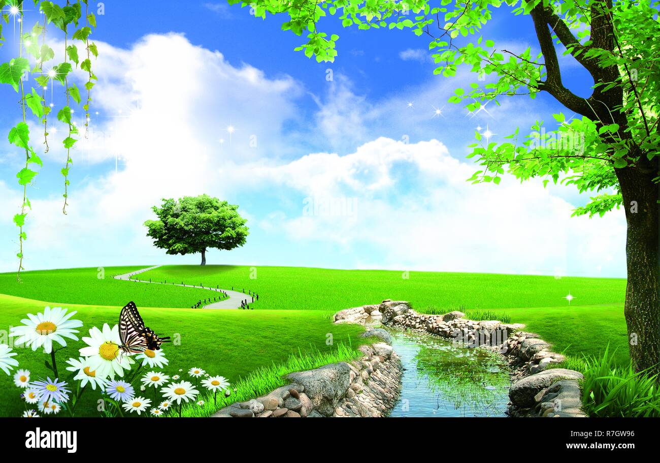 Eine wunderschöne grüne Landschaft mit blauem Himmel, Wolken und grüne ...