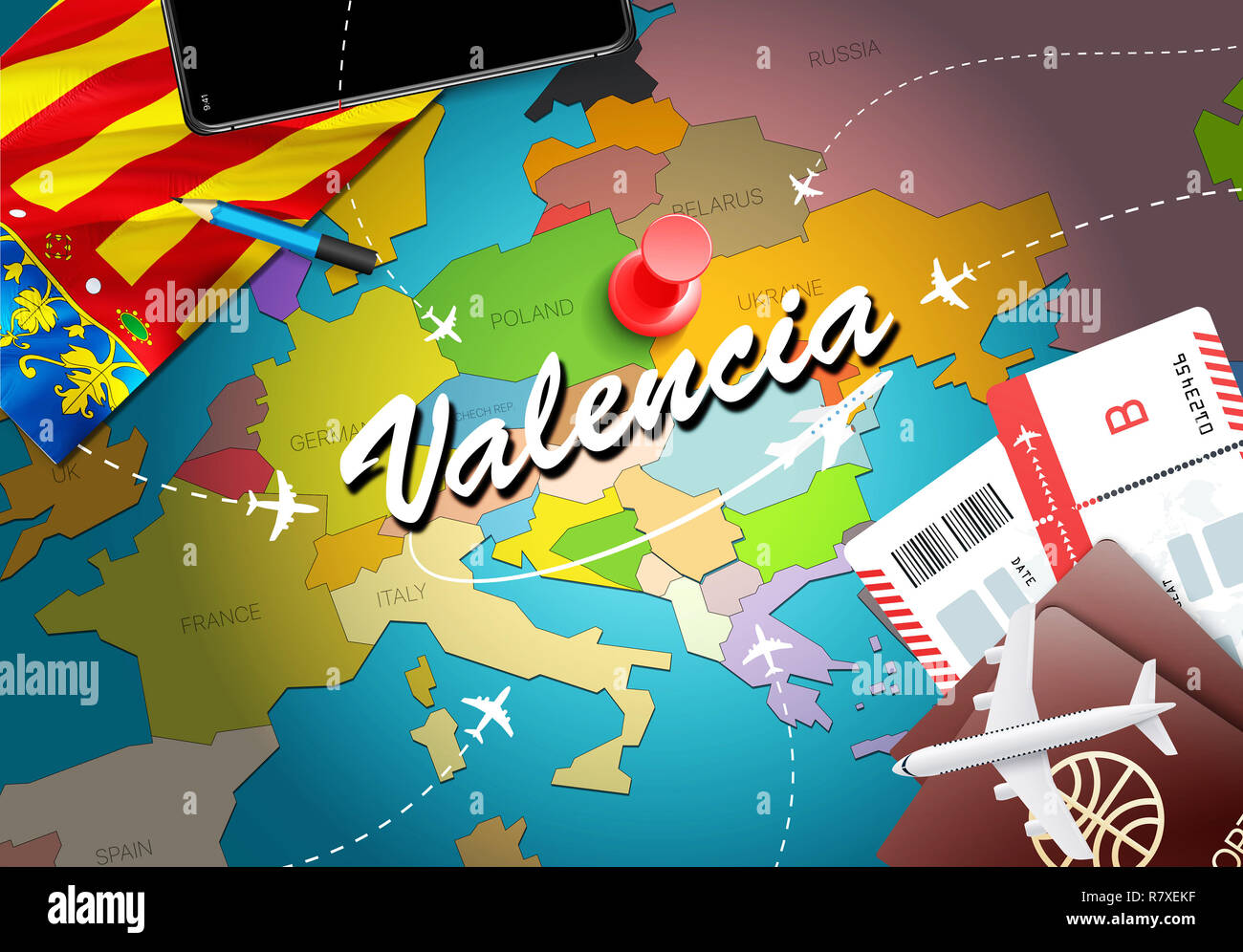 Valencia Travel Concept Map Hintergrund mit Flugzeugen, Tickets ...