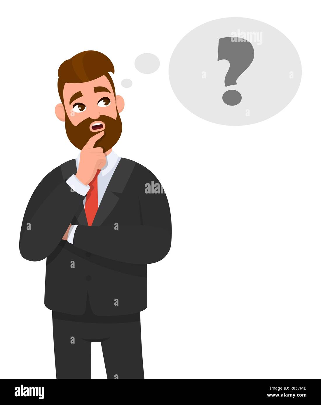 Nachdenkliche junge Geschäftsmann denken. Fragezeichensymbol in ...