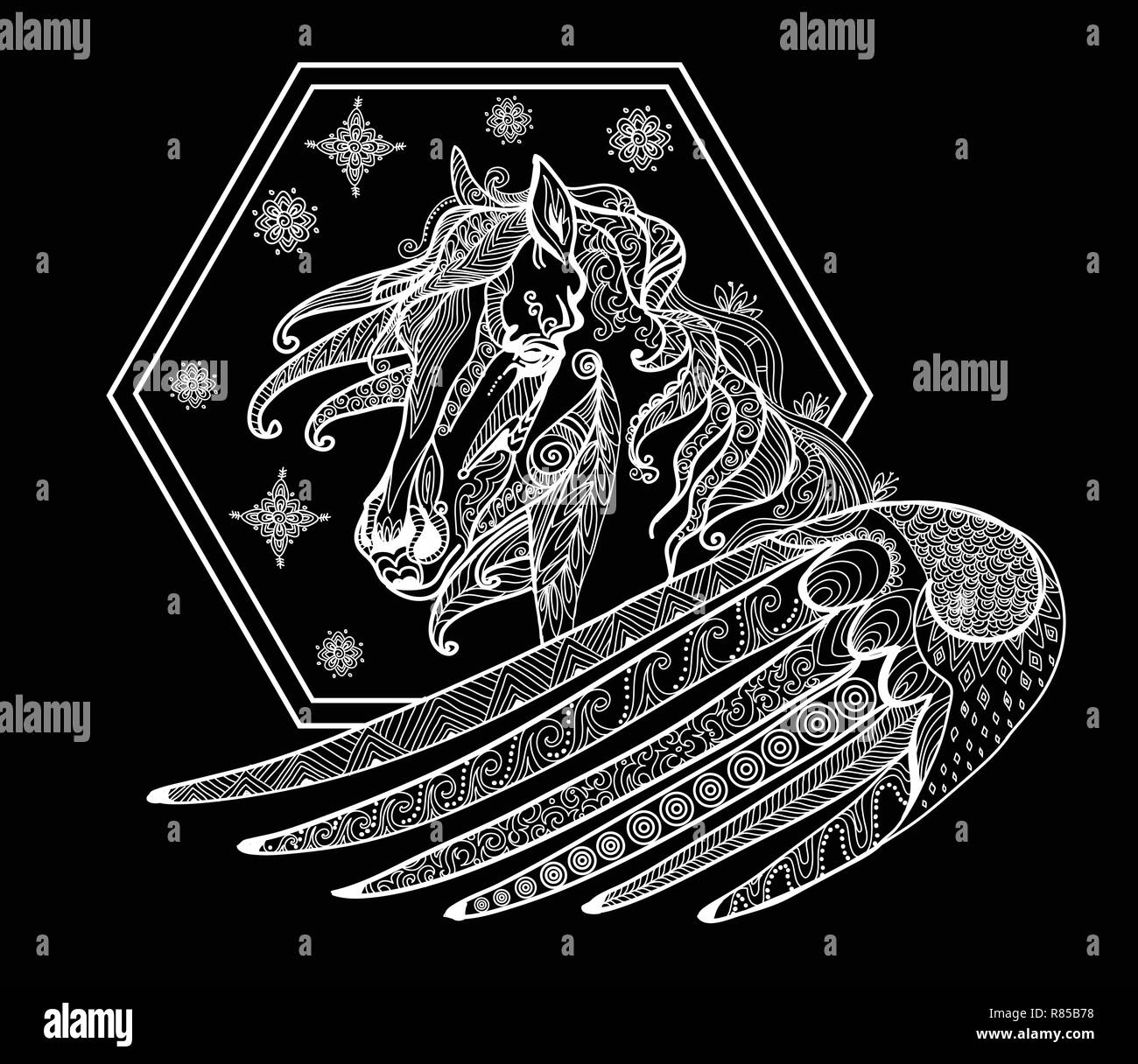 Vektor hand Zeichnung Abbildung zentangle Pegasus in weißer Farbe auf ... Vektor hand Zeichnung Abbildung zentangle Pegasus in weißer Farbe auf ...