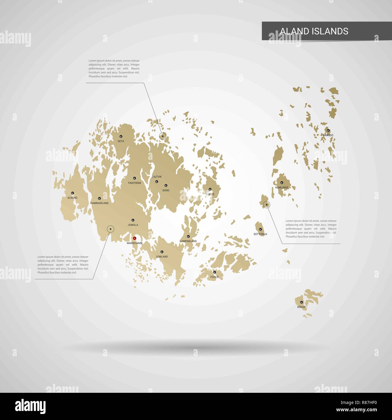 Stylized vector Aland Inseln Karte. Infografik 3d Gold Karte Abbildung mit Städten ...