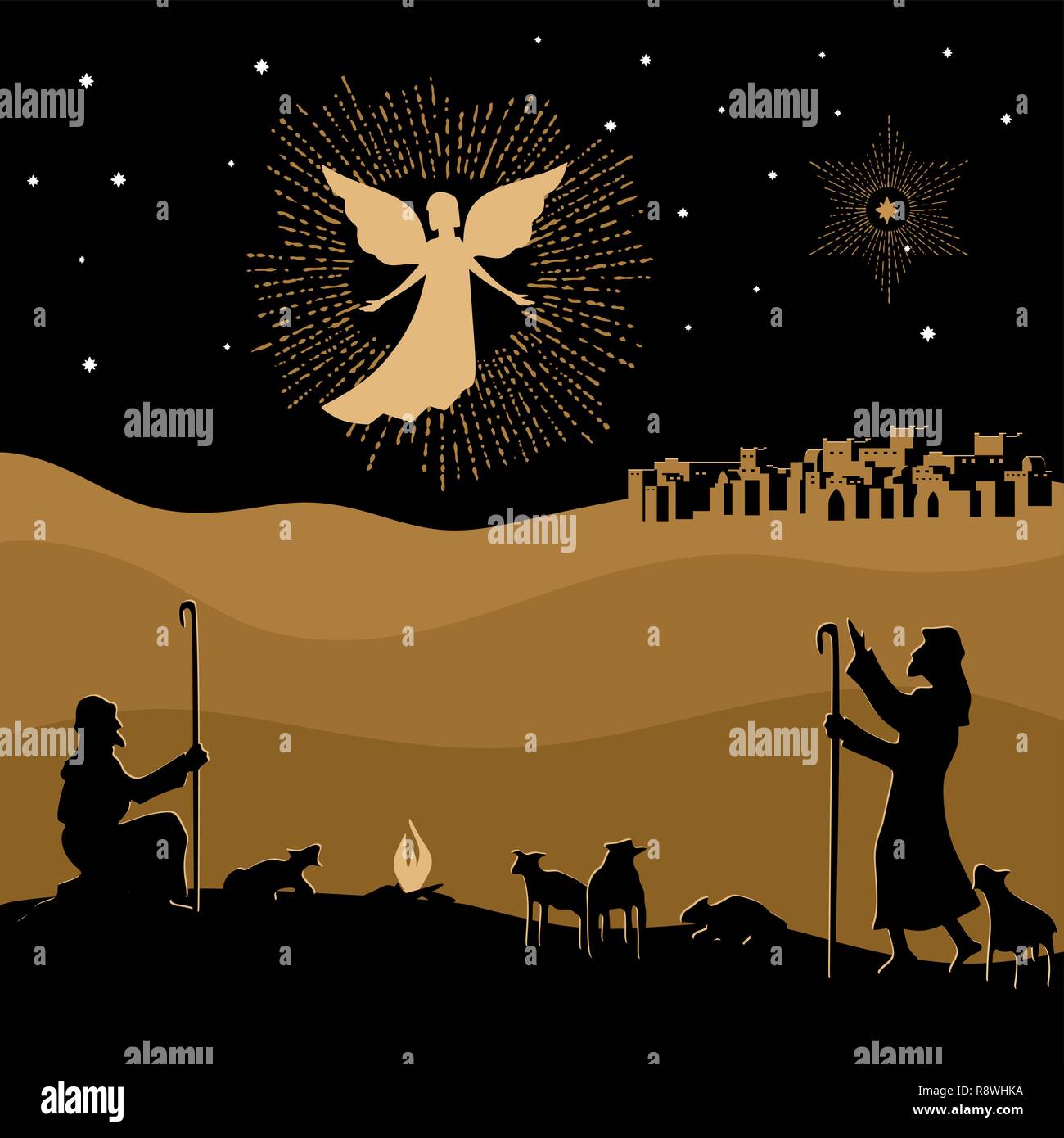 Weihnachtsgeschichte. Nacht in Bethlehem. Erschien ein Engel den Hirten die Geburt des Retters ...