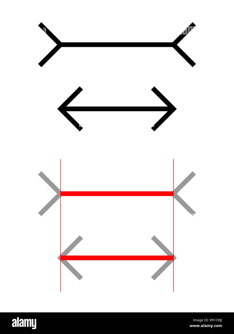 Die Müller-Lyer Illusion ist eine optische Täuschung, in der zwei ...