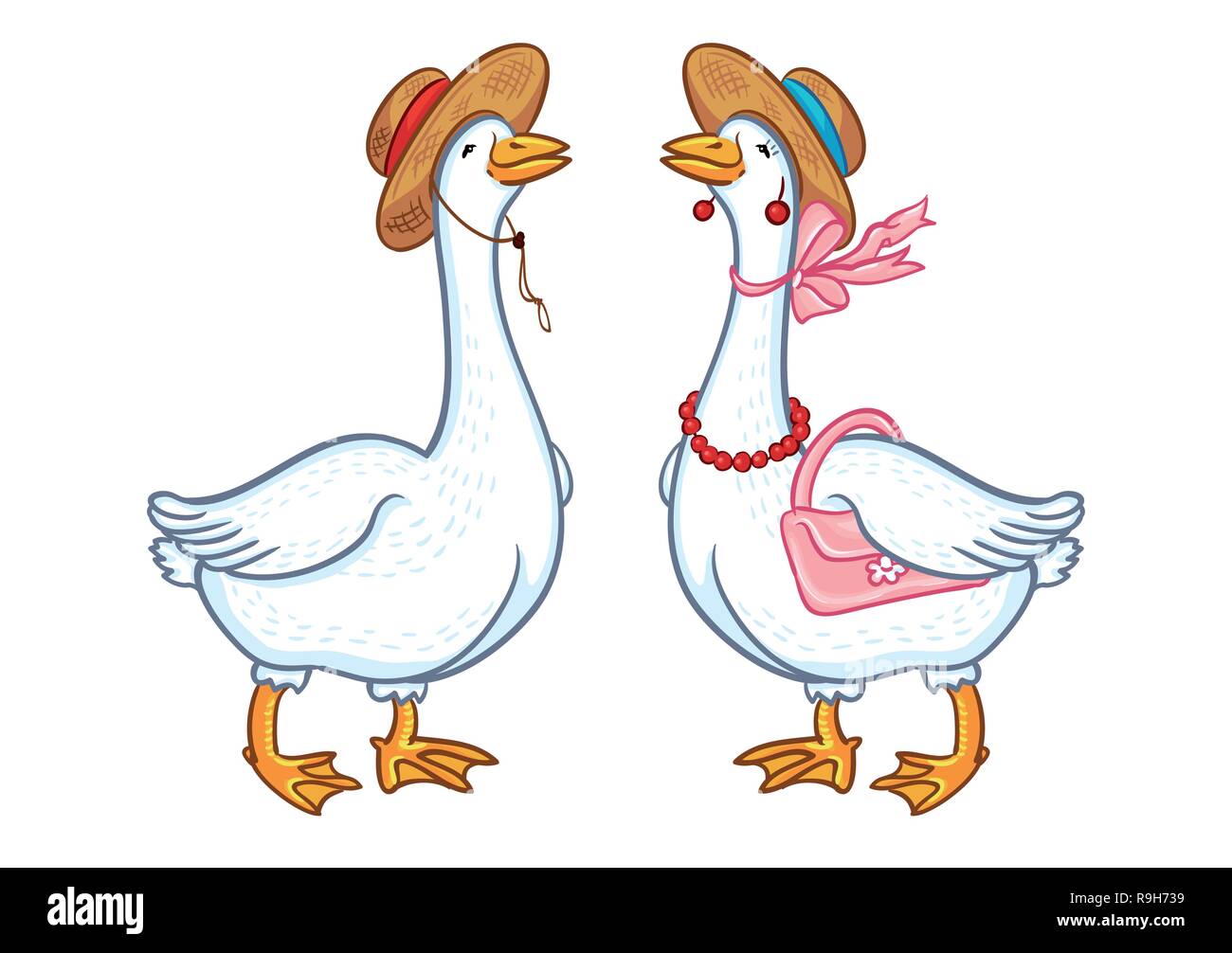 Paar Gänse mit einem Hut, eine Skizze auf einem weißen Hintergrund ...