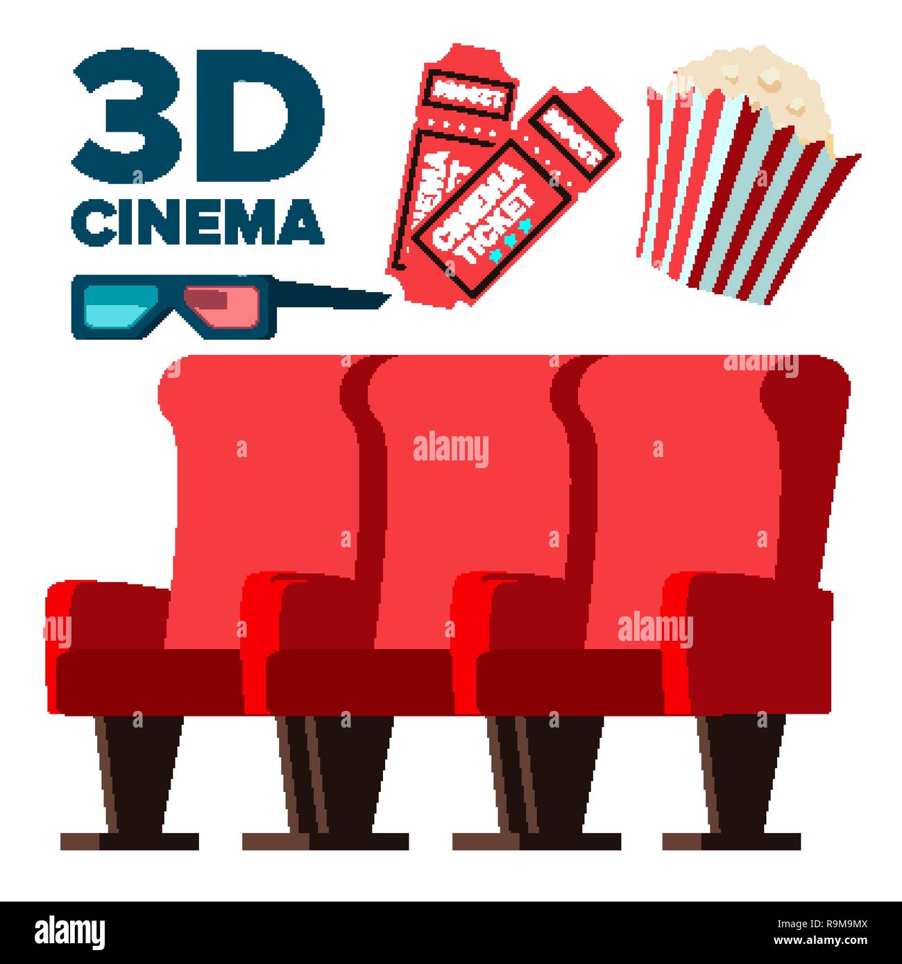 3D-Kino Symbole Vektor. Popcorn, rote Sitze, Tickets, Stereobrille ...