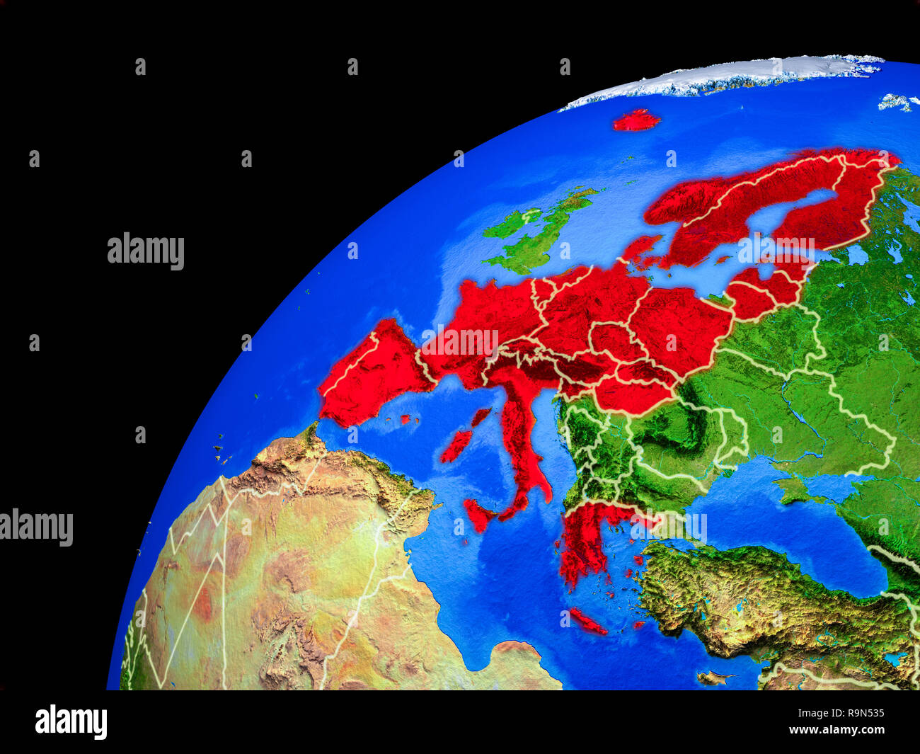 Schengen-raum Mitglieder aus dem Weltraum. Der Planet Erde mit ...