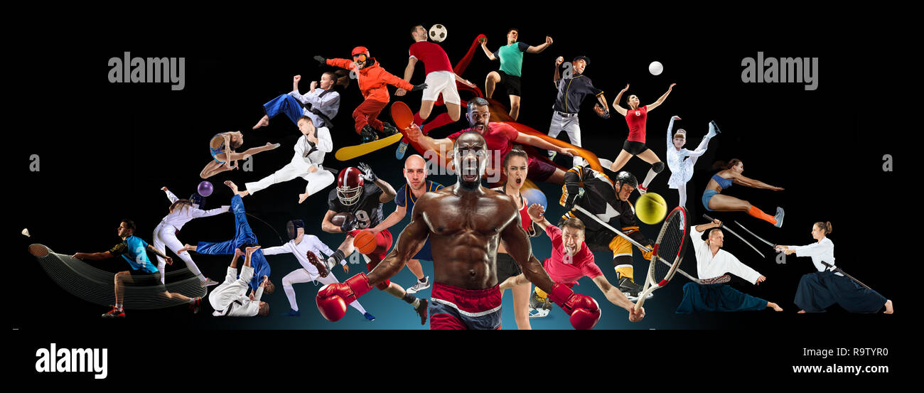 Sport Collage über Kickboxen, Fußball, Basketball, Eishockey, Badminton ...