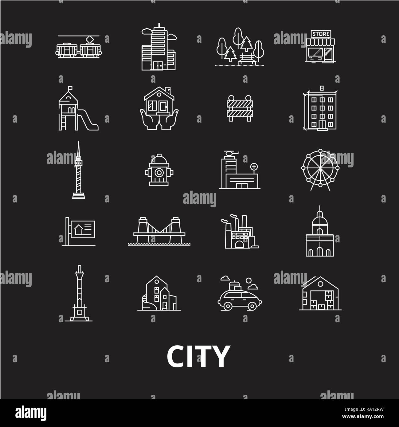 Stadt bearbeitbare Zeile Symbole Vektor auf schwarzen Hintergrund ...