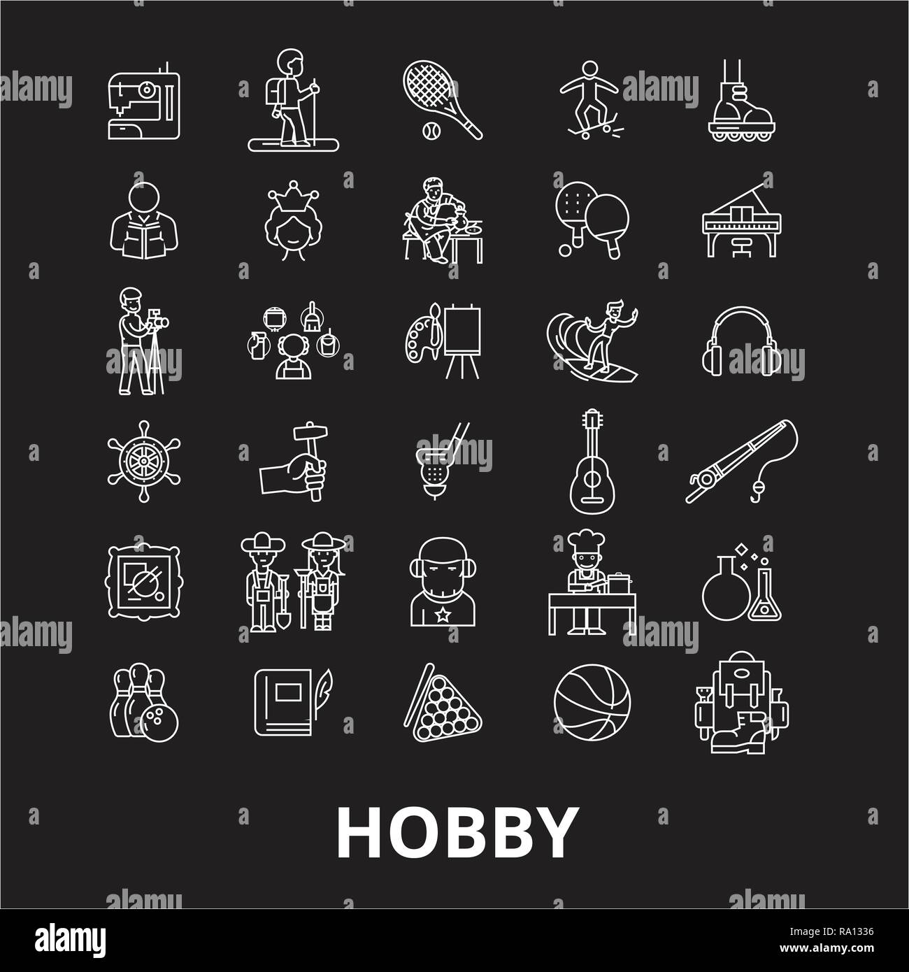 Hobby bearbeitbare Zeile Symbole Vektor auf schwarzen Hintergrund ...