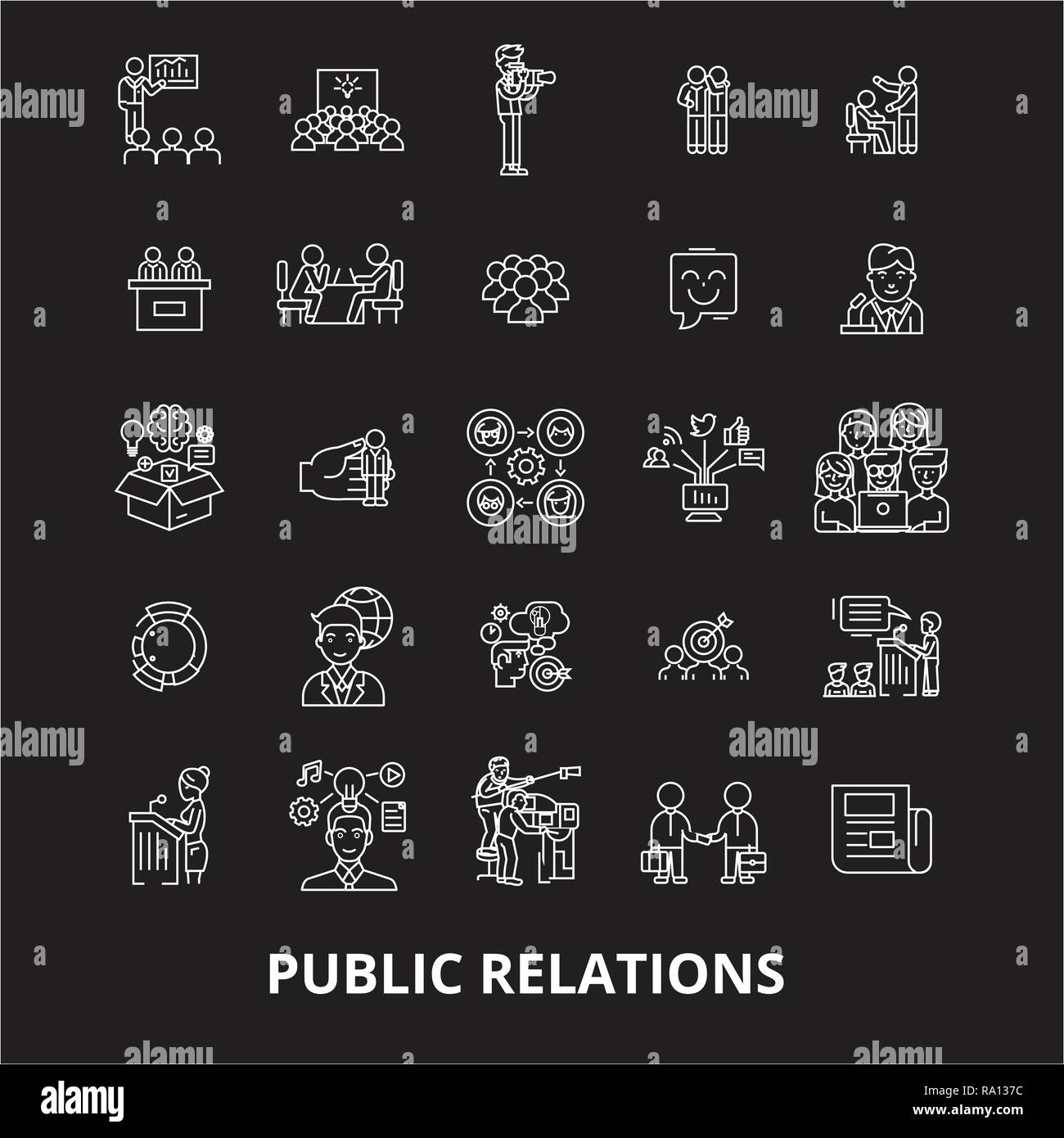 Public Relations bearbeitbare Zeile Symbole Vektor auf schwarzen ...