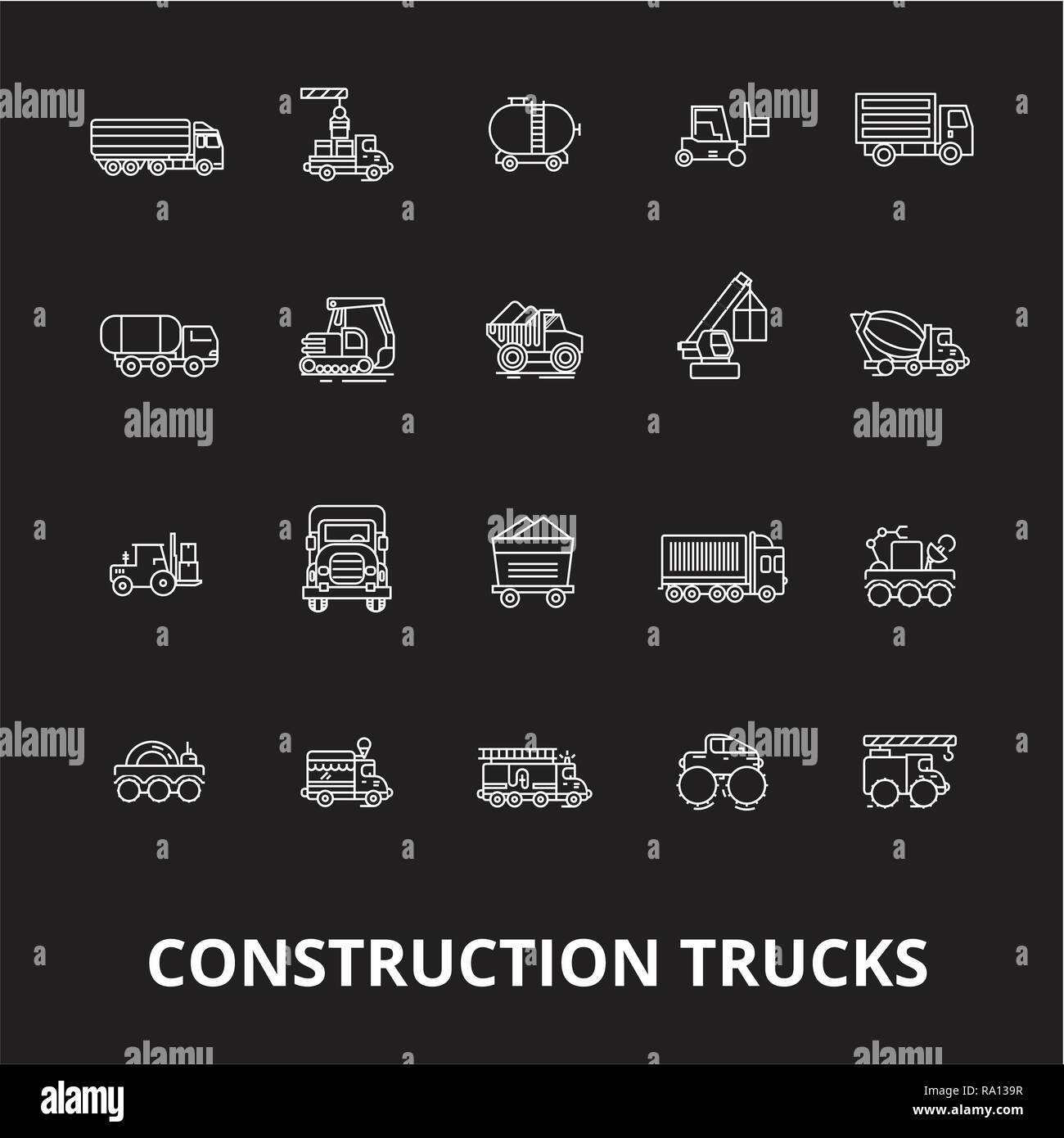 Lkw Bau bearbeitbare Zeile Symbole Vektor auf schwarzen Hintergrund ...