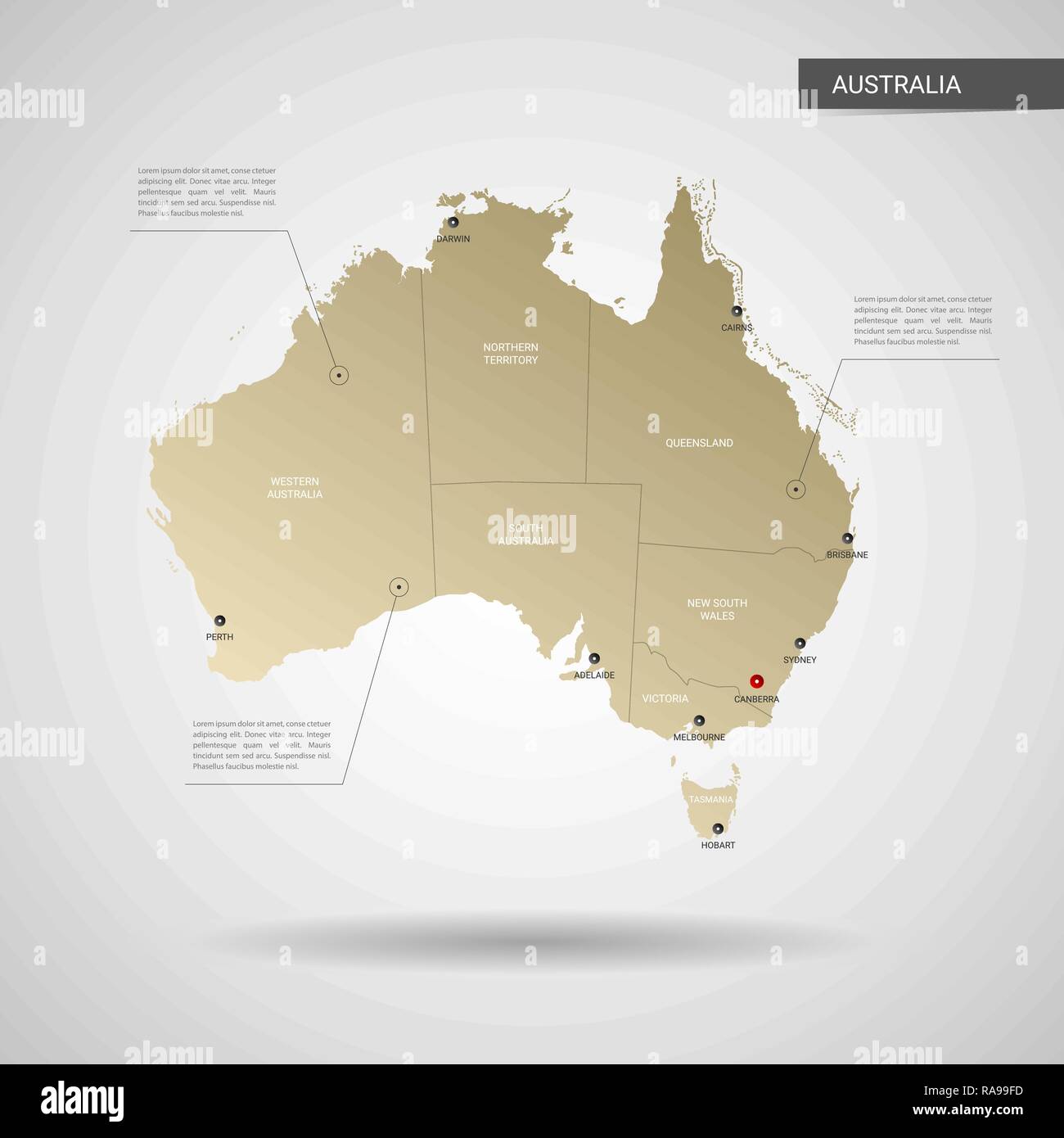 Stylized vector Australien Karte. Infografik 3d Gold Karte Abbildung mit Städten, Ländergrenzen ...