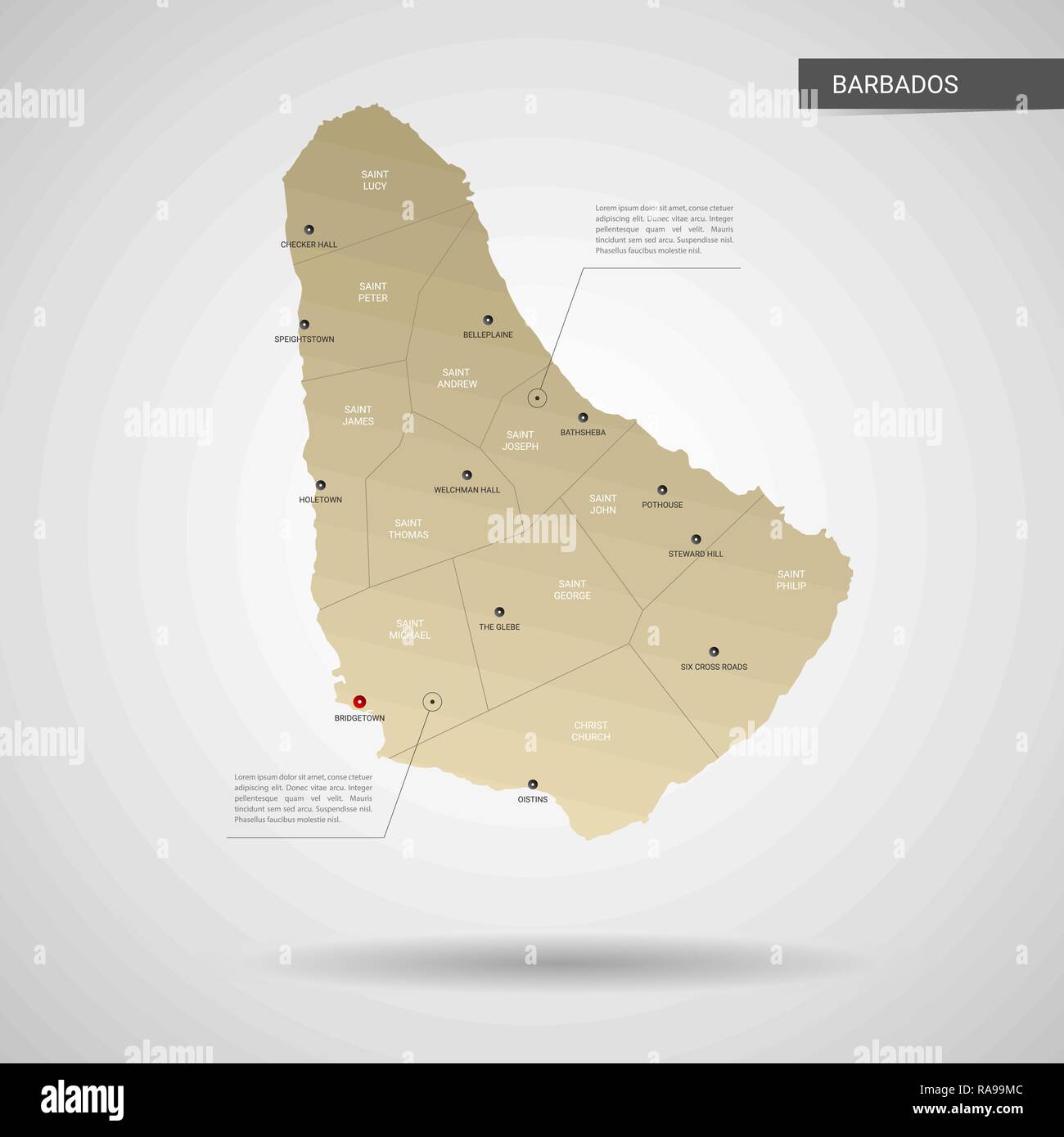 Stylized vector Barbados Karte. Infografik 3d Gold Karte Abbildung mit Städten, Ländergrenzen ...
