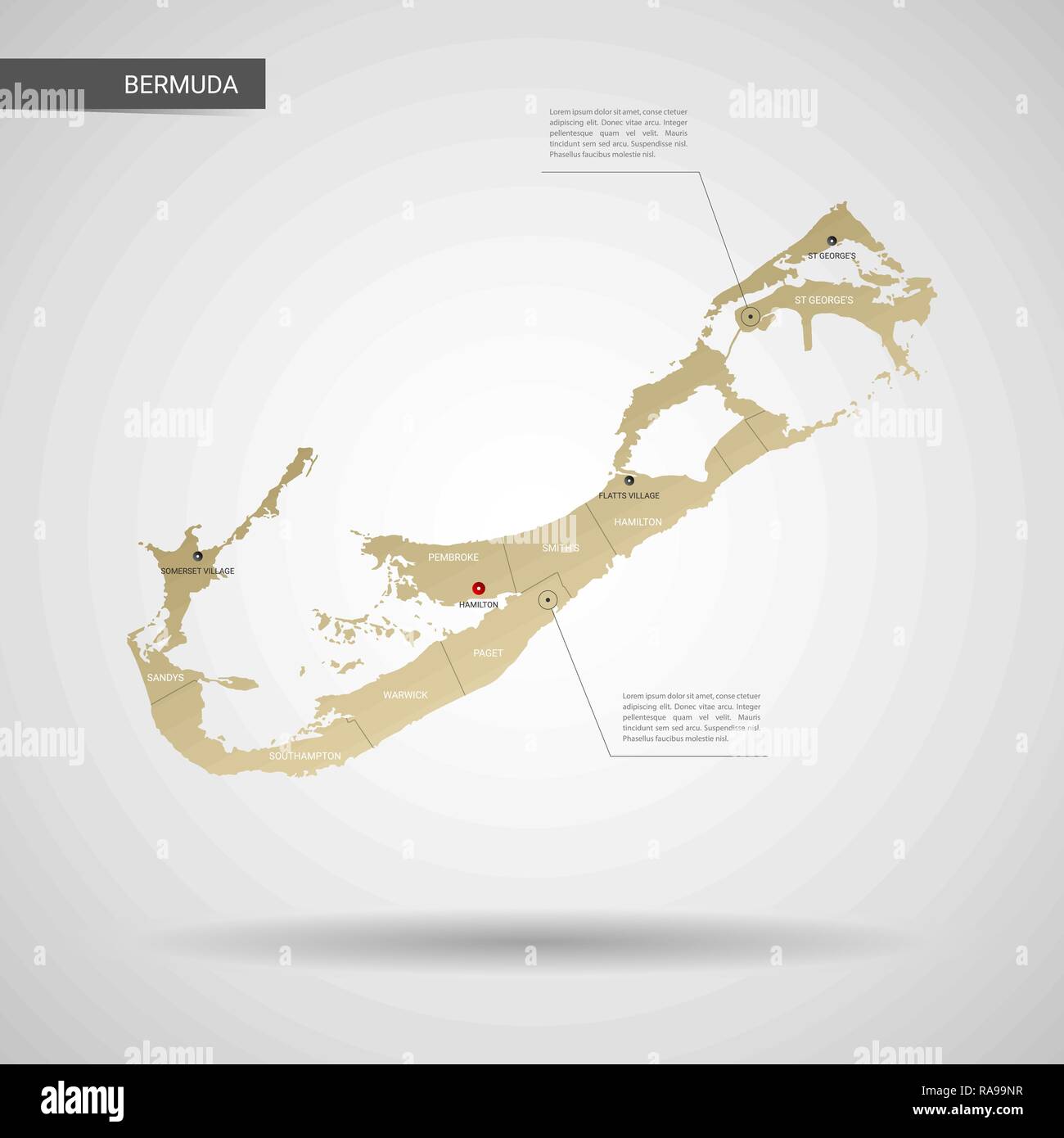 Stylized vector Bermuda Karte. Infografik 3d Gold Karte Abbildung mit Städten, Ländergrenzen ...