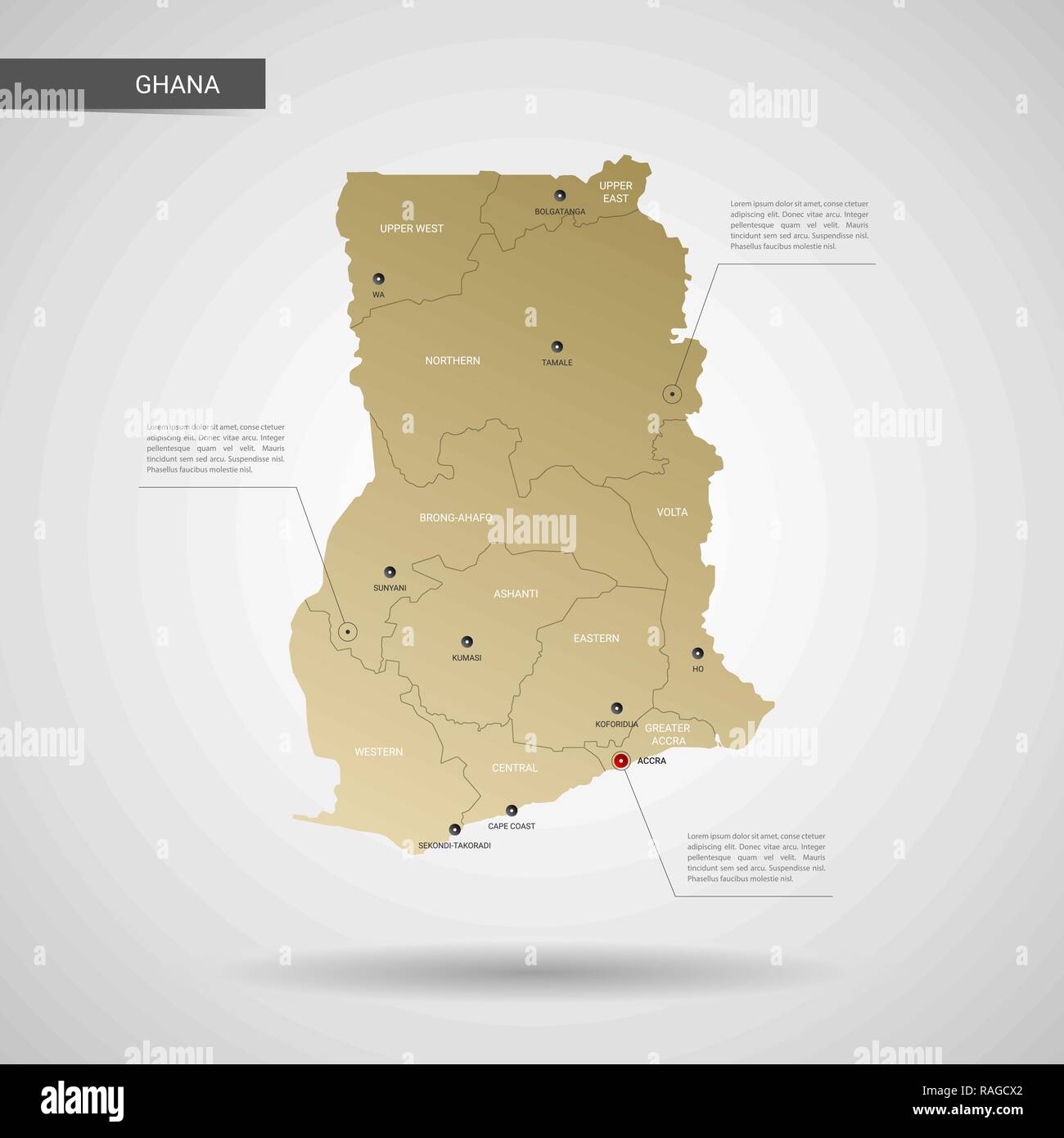 Stylized vector Ghana Karte. Infografik 3d Gold Karte Abbildung mit Städten, Ländergrenzen ...