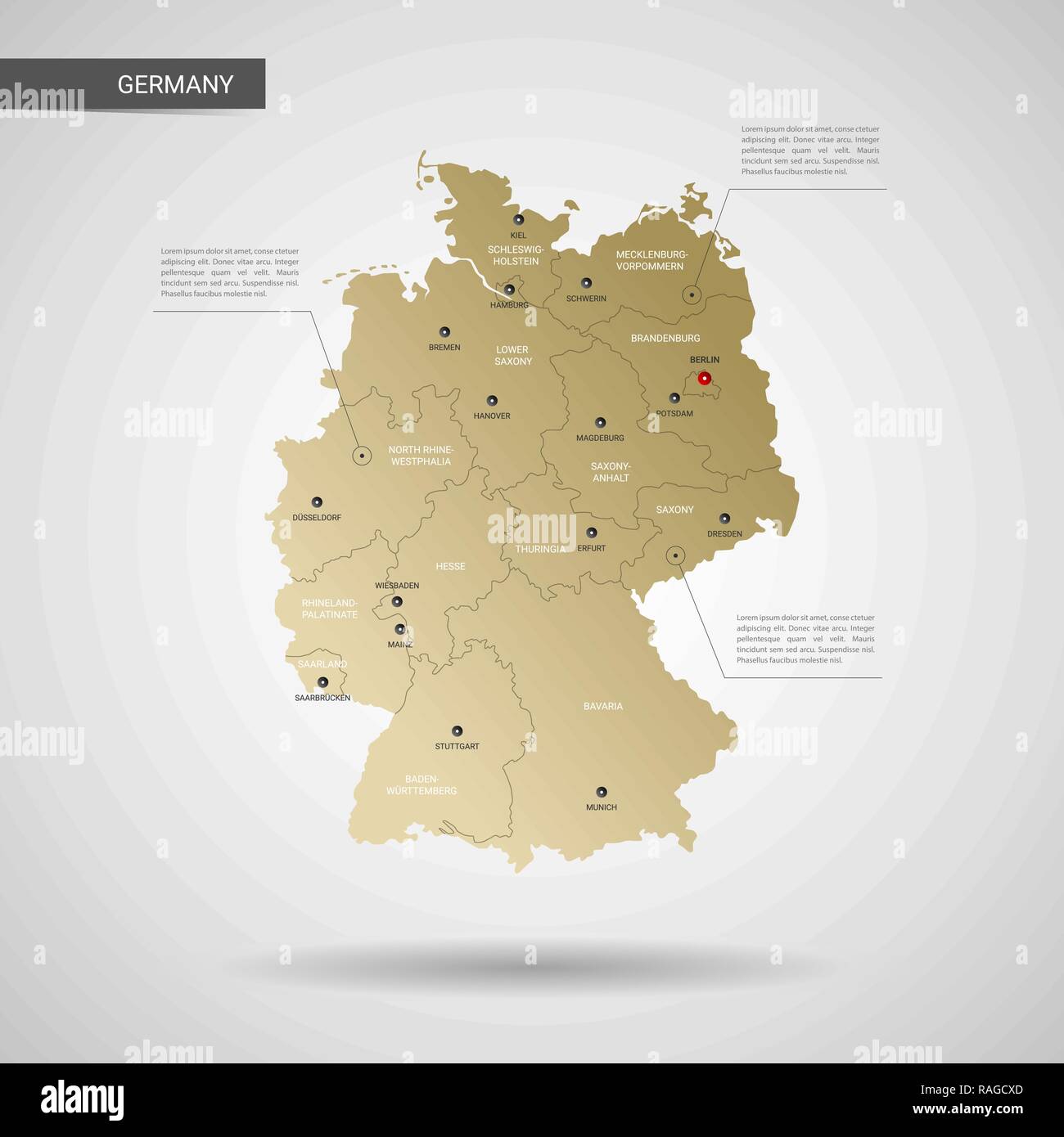 Stylized vector Deutschland Karte. Infografik 3d Gold Karte Abbildung mit Städten, Ländergrenzen ...