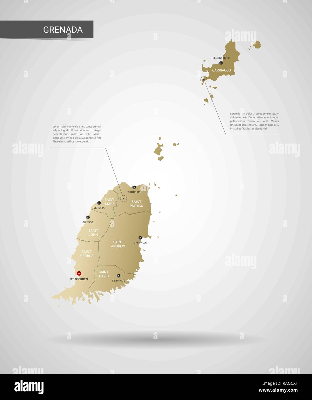 Stylized vector Grenada Karte. Infografik 3d Gold Karte Abbildung mit Städten, Ländergrenzen ...