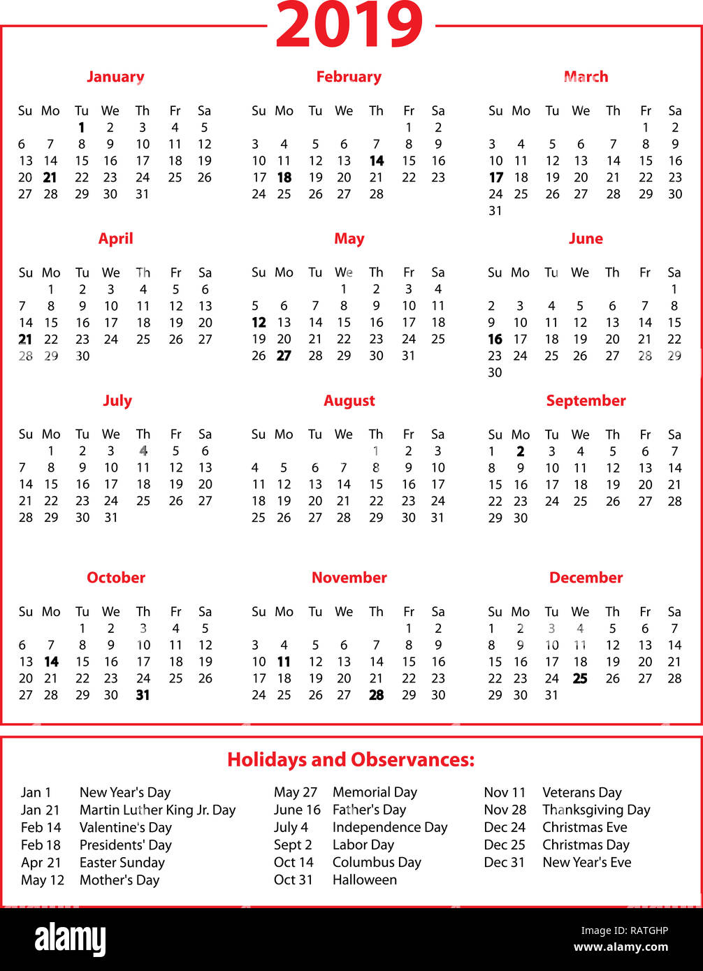 Simple 2019 year calendar week Stockfotos und -bilder Kaufen - Alamy