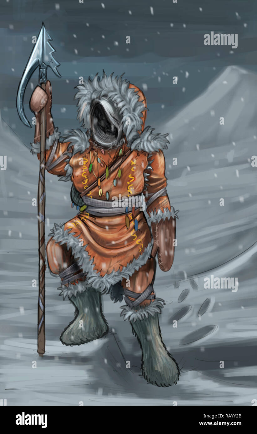 Concept Art Fantasy Abbildung: Krieger Jäger mit Speer oder Harpune ...