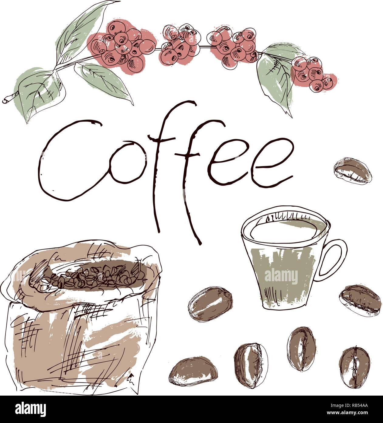 Kaffee Set hand gezeichnete Skizze Tinte. Dekorativer Hintergrund mit ...