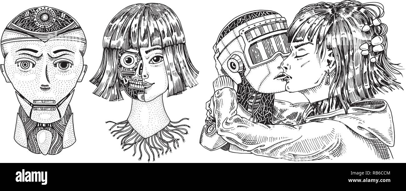 Künstliche Intelligenz Konzept. Roboter und Mensch, Mann und Frau ... Künstliche Intelligenz Konzept. Roboter und Mensch, Mann und Frau ...