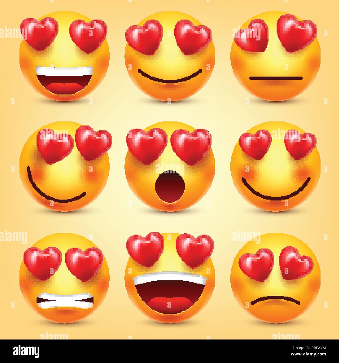 Emoji Smiley mit roten Herzen Vector eingestellt. Valentines Tag gelb ...
