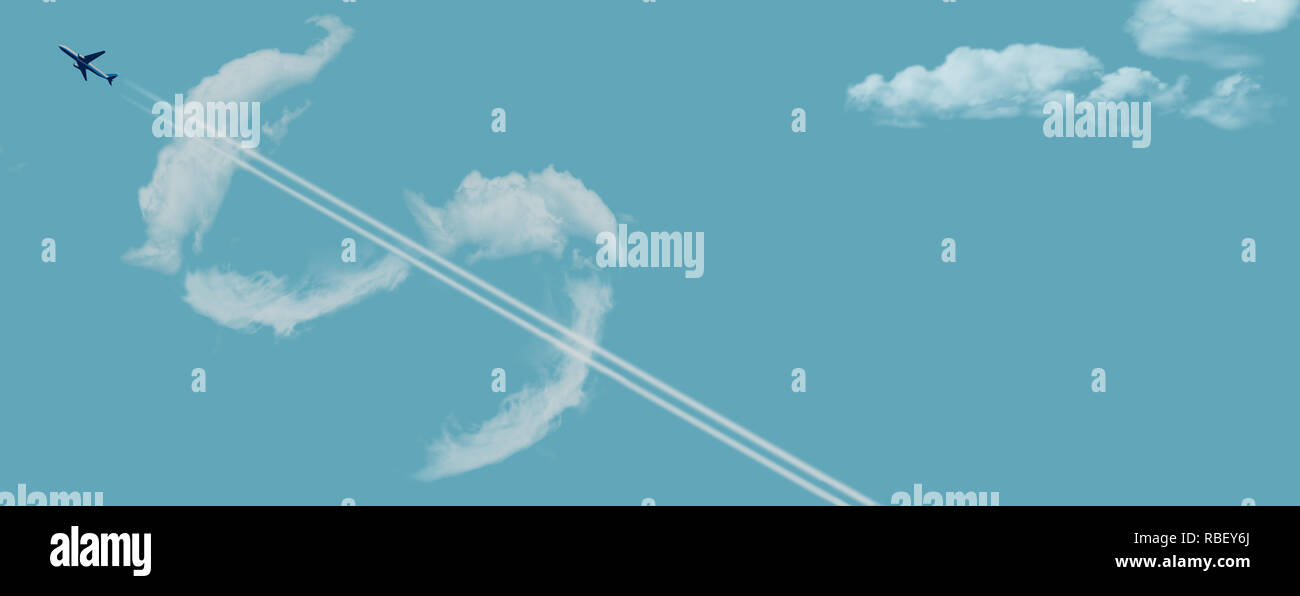 Wolken am Himmel bilden ein Dollarzeichen, wenn ein Flugzeug in einem ...