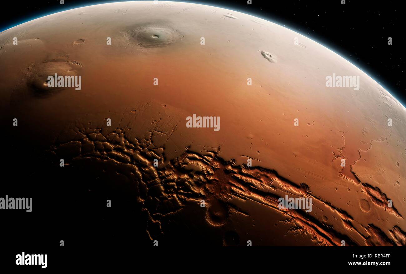 Mars-Tharsis-region und Valles Marineris, Illustration. Tharsis ist eine vulkanische Hochebene ...