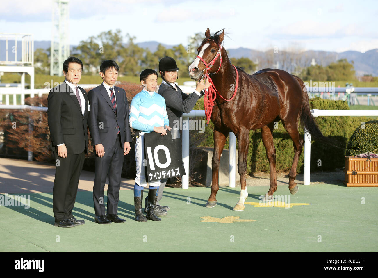 Kyoto, Japan. 14 Jan, 2019. Neun Schwänze (yasunari Iwata), Hitoshi Nakamura Pferderennen ...