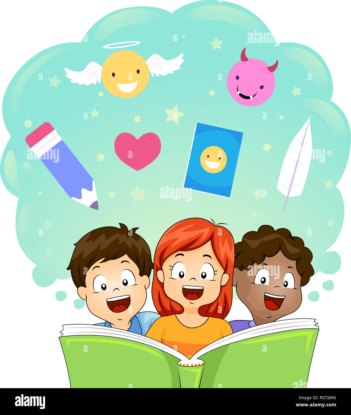 Abbildung: Kinder lesen Ein Großes Buch der Fabel mit Bleistift, Engel ...