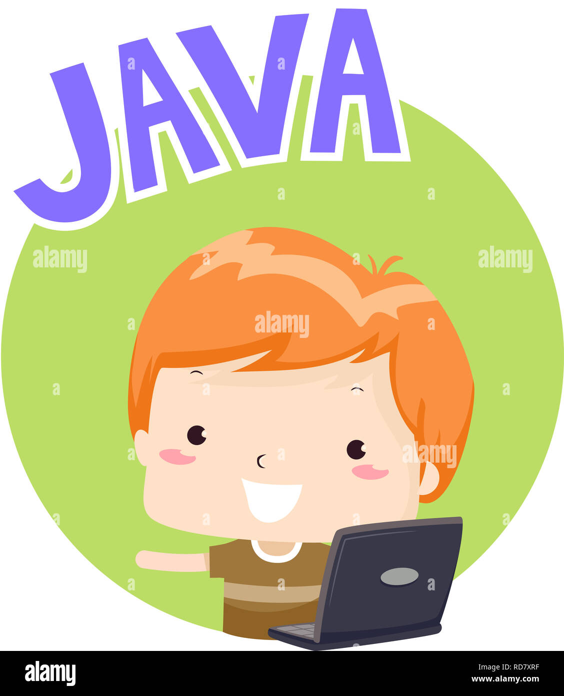 Abbildung: ein Kind Junge mit Laptop mit Java. Programmierung Symbol ...